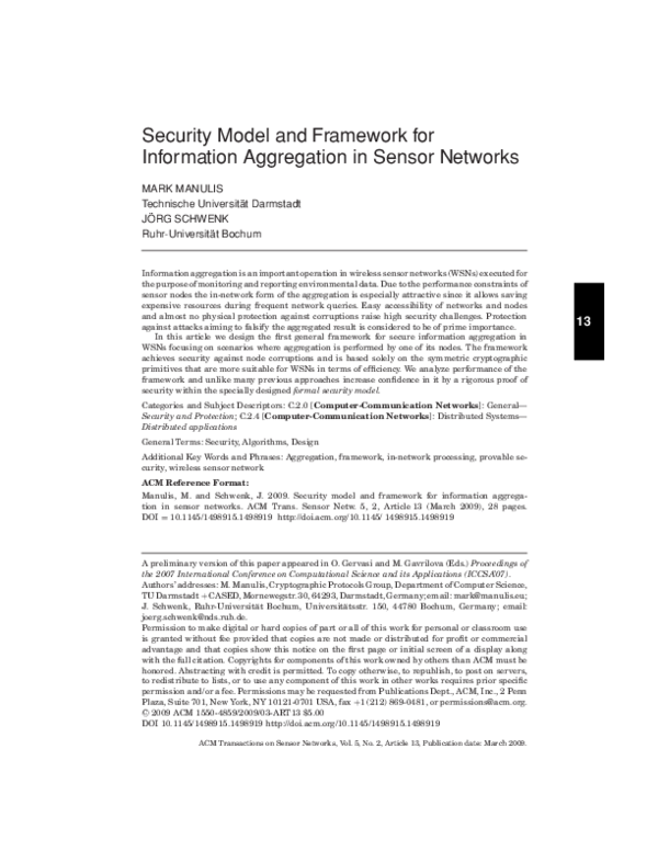 Pdf Security Model And Framework For Information Aggregation In Sensor Networks