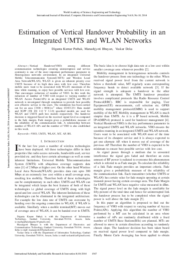(PDF) Estimation of Vertical Handover Probability in an Integrated UMTS and WLAN Networks