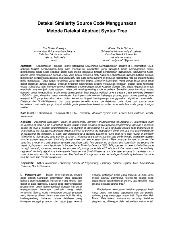 Pdf Deteksi Similarity Source Code Menggunakan Metode Deteksi Abstract Syntax Tree