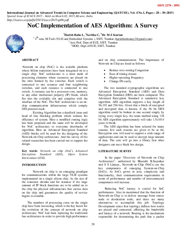 (PDF) NoC Implementation of AES Algorithm: A Survey