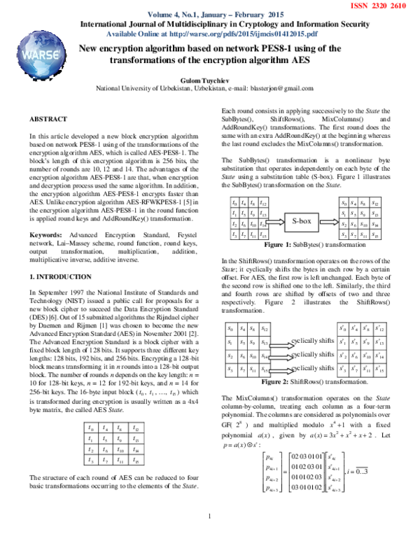 Pdf New Encryption Algorithm Based On Network Pes8 1 Using Of The Transformations Of The
