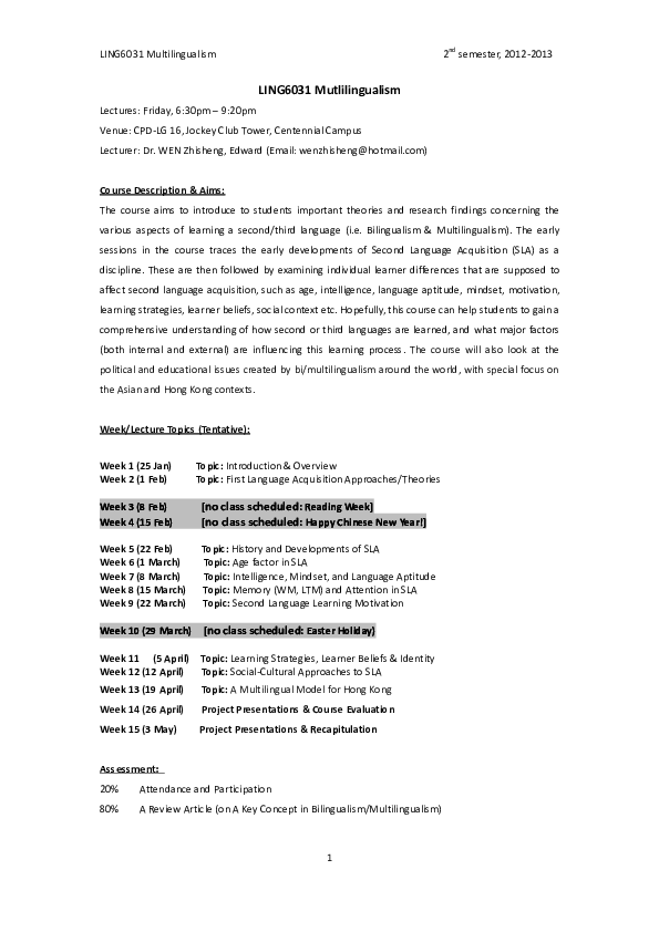 (PDF) Multilingualism, MA, Course Outline