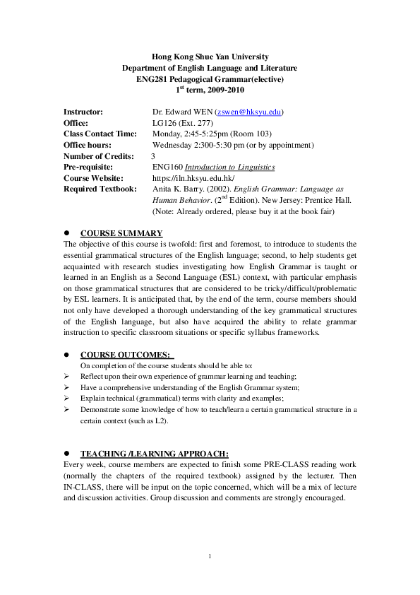 (PDF) Pedagogical Grammar, BA, Course Outline