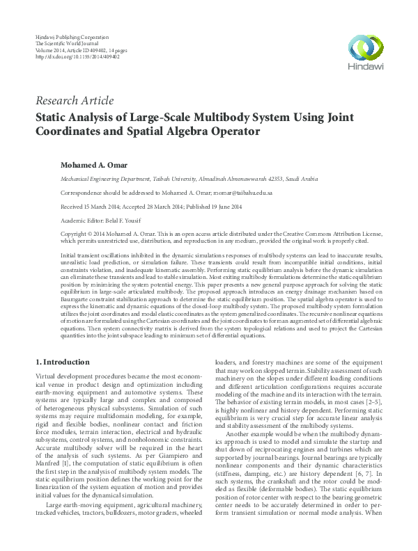 Pdf Static Analysis Of Large Scale Multibody System Using Joint Coordinates And Spatial