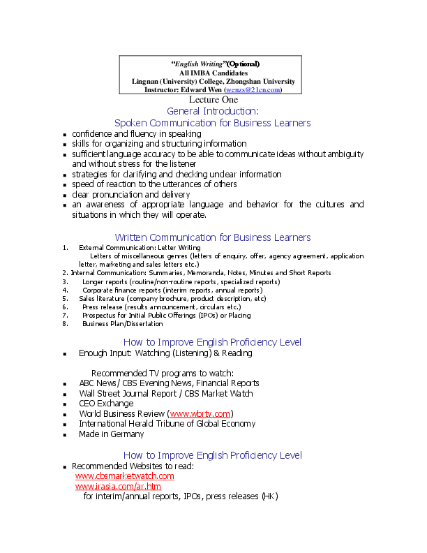 (PDF) Business English Communication/Writing, MBA, Course Outline
