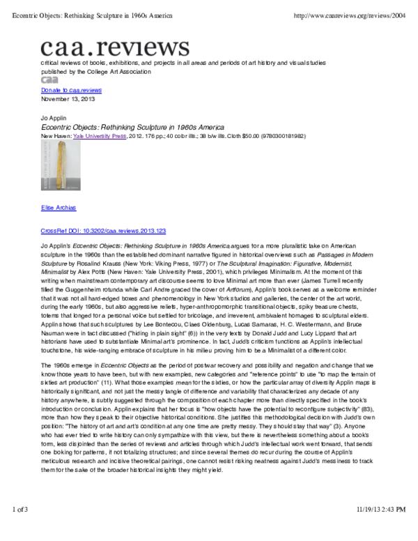 (PDF) Review of Jo Applin, Eccentric Objects, caa.reviews, 2013