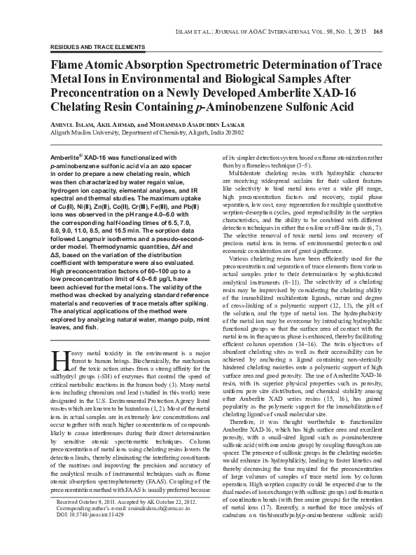 (PDF) Determination of Lead in Water Using Amberlite XAD-2 Functionalized With Xylenol Orange ...