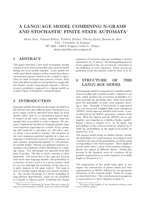 Pdf A Language Model Combining N Grams And Stochastic Finite State Automata