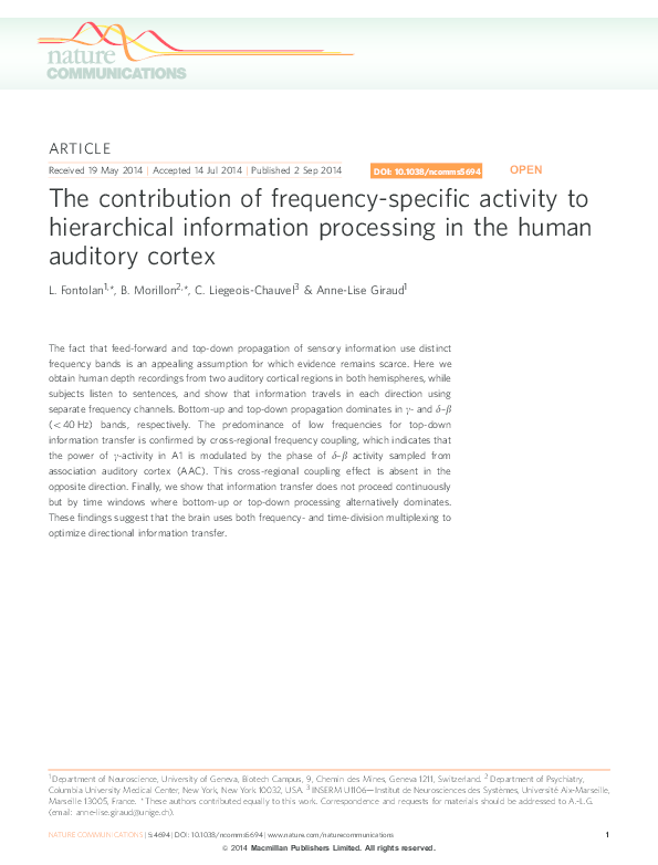 Pdf The Contribution Of Frequency Specific Activity To Hierarchical Information Processing In