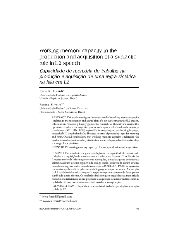 (PDF) Working memory capacity in the production and acquisition of a syntactic rule in L2 speech