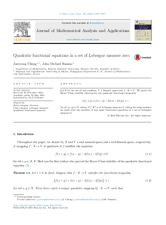 (PDF) Quadratic functional equations in a set of Lebesgue measure zero
