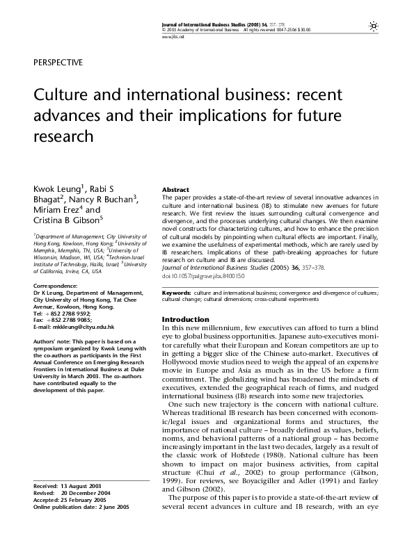 (PDF) Culture and international business: recent advances and their ...