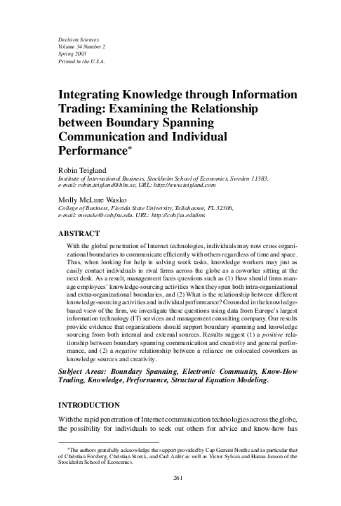 Integrating knowledge through information trading: Examining the relationship between boundary ...