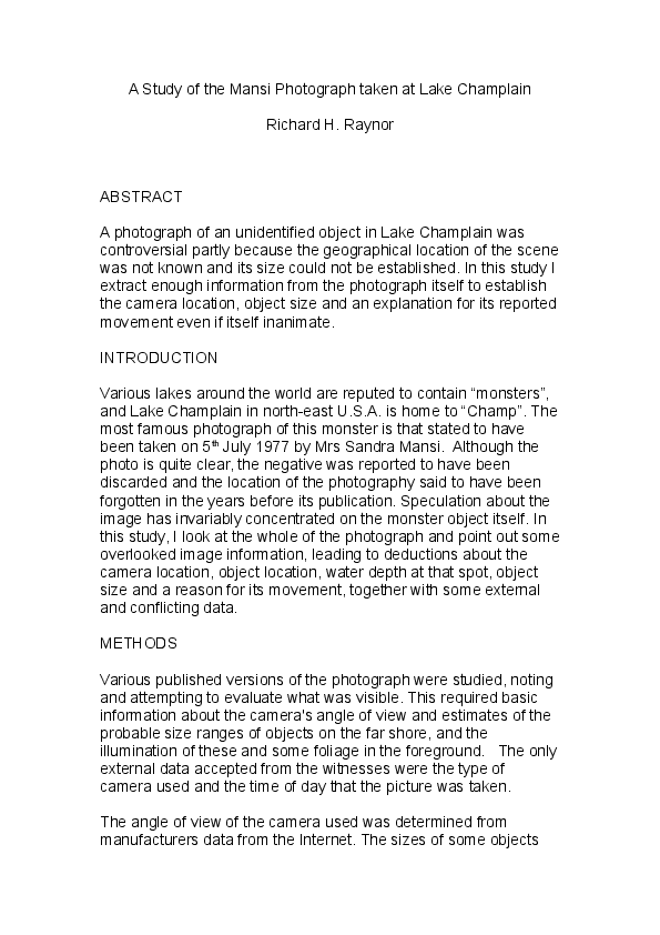 A Study of the Mansi Photograph taken at Lake Champlain