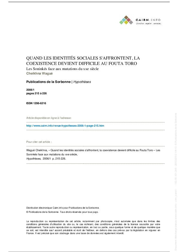 (PDF) QUAND LES IDENTITÉS SOCIALES S'AFFRONTENT, LA COEXISTENCE DEVIENT ...