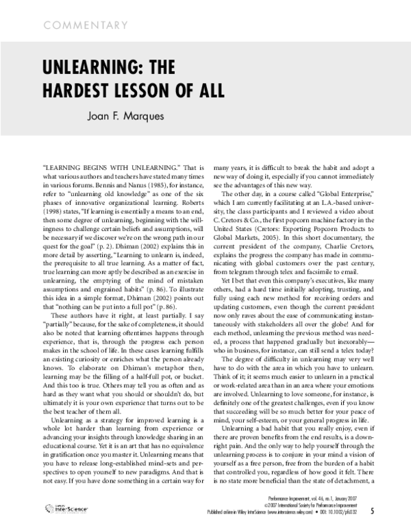 (PDF) Unlearning - the hardest lesson of all