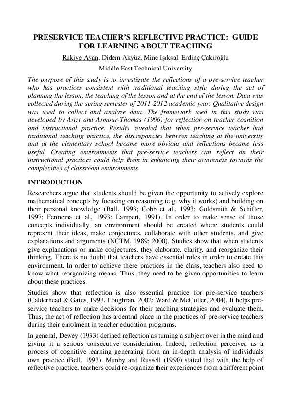 (PDF) PRESERVICE TEACHER’S REFLECTIVE PRACTICE: GUIDE FOR LEARNING ABOUT TEACHING