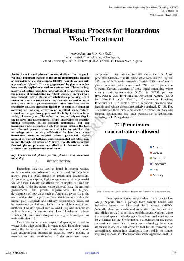 (PDF) Thermal Plasma Process for Hazardous Waste Treatment