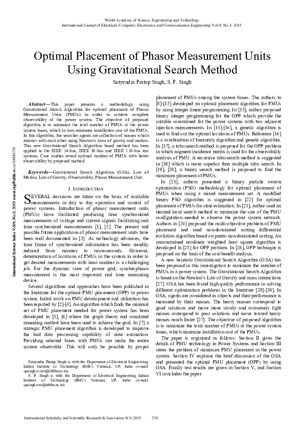 Pdf Optimal Placement Of Phasor Measurement Units Using Gravitational Search Method