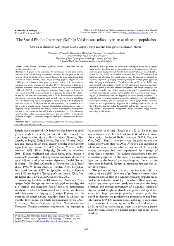 Pdf The Social Phobia Inventory Sophi Validity And Reliability In