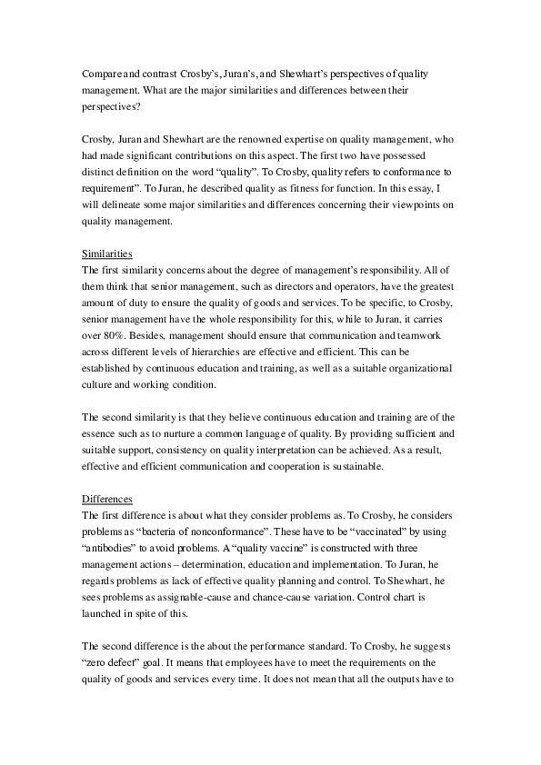 (PDF) Compare and contrast Crosby’s, Juran’s, and Shewhart’s ...