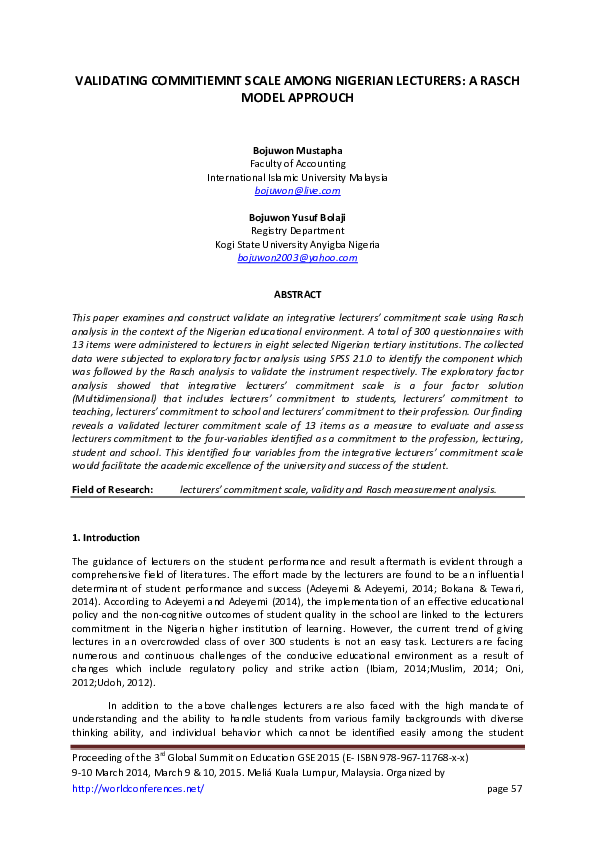 (PDF) VALIDATING COMMITIEMNT SCALE AMONG NIGERIAN LECTURERS: A RASCH MODEL APPROUCH