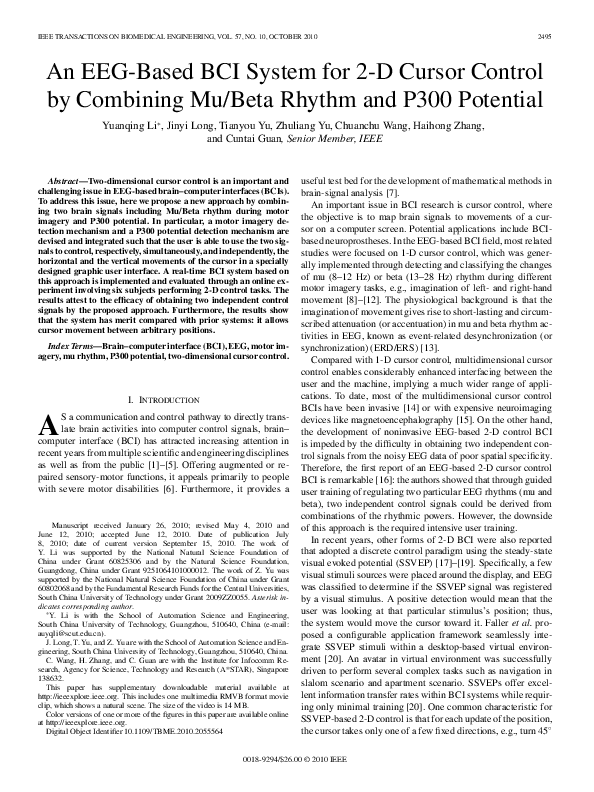 (PDF) An EEG-Based BCI System for 2-D Cursor Control by Combining Mu/Beta Rhythm and P300 Potential