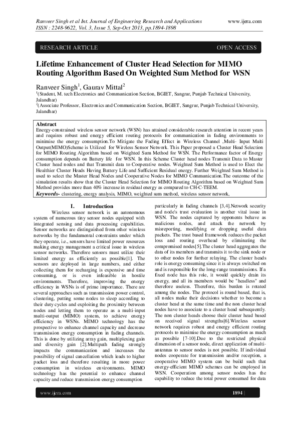 Pdf Lifetime Enhancement Of Cluster Head Selection For Mimo Routing Algorithm Based On
