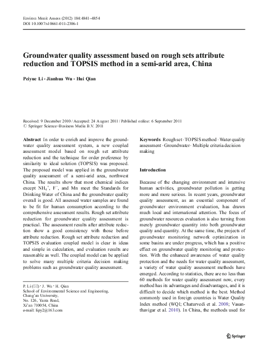 Pdf Groundwater Quality Assessment Based On Rough Sets Attribute Reduction And Topsis Method