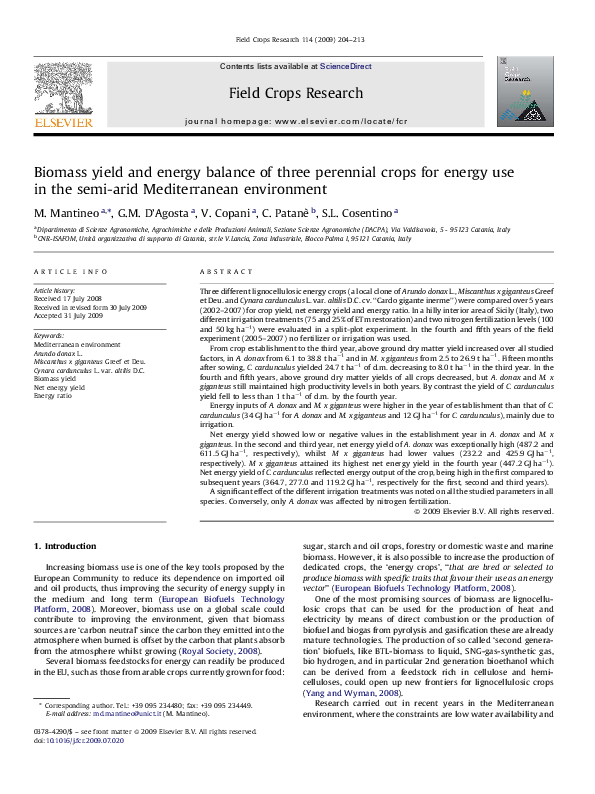 (PDF) Biomass yield and energy balance of three perennial crops for ...
