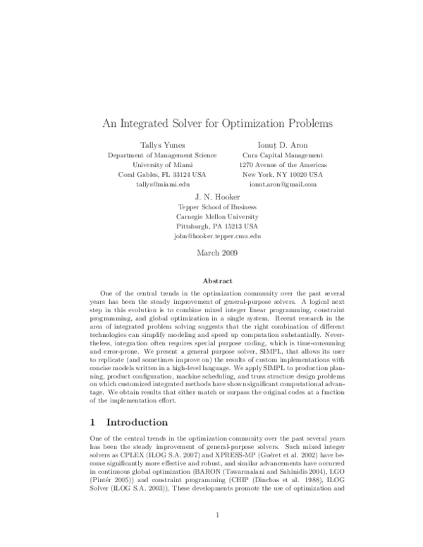 (PDF) An integrated solver for optimization problems | John Hooker and Ionut Aron - Academia.edu