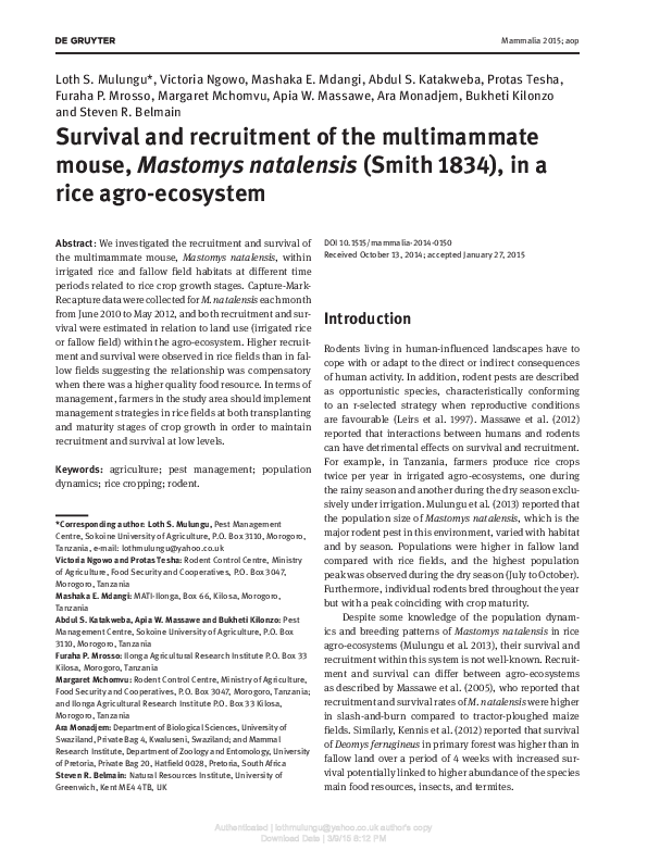 (PDF) Survival and recruitment of the multimammate mouse, Mastomys ...