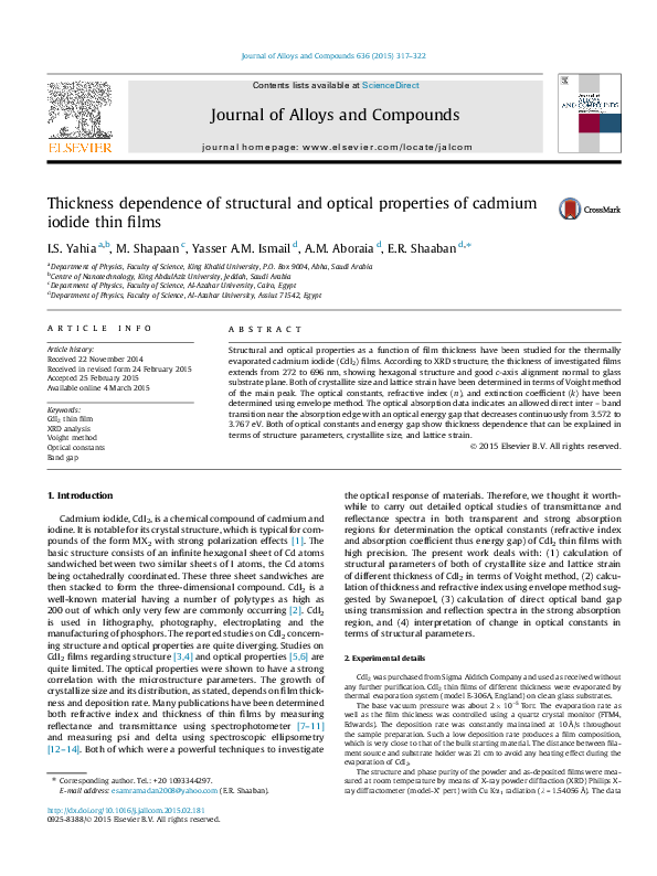 (PDF) Thickness dependence of structural and optical properties of cadmium iodide thin films