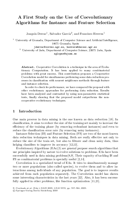 (PDF) A first study on the use of coevolutionary algorithms for instance and feature selection