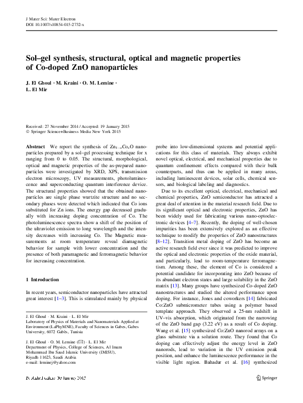 (PDF) Sol–gel synthesis, structural, optical and magnetic properties of Co-doped ZnO nanoparticles