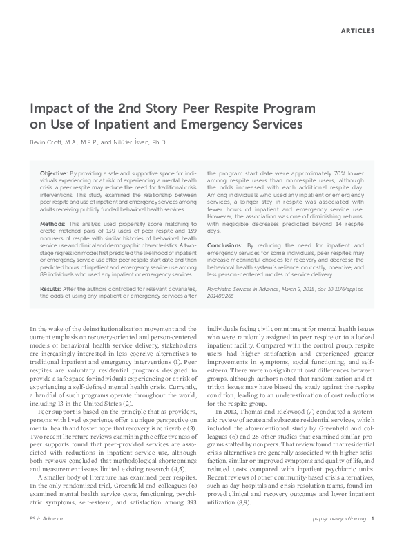 (PDF) Impact of the 2nd Story Peer Respite Program on Use of Inpatient ...