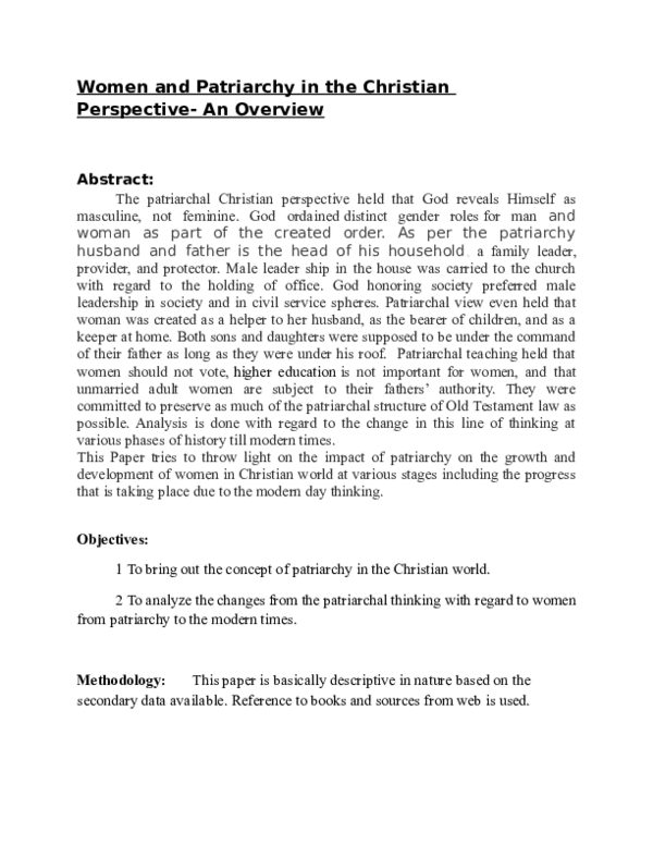 (DOC) Women and Patriarchy in the Christian Perspective- An Overview