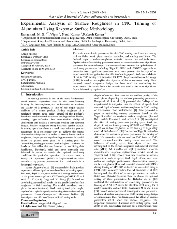 Pdf Experimental Analysis Of Surface Roughness In Cnc Turning Of Aluminium Using Response