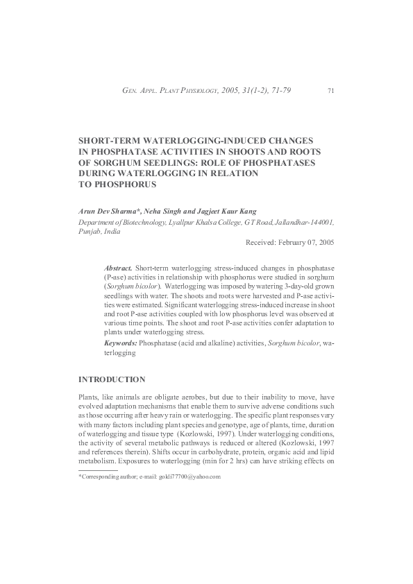 (PDF) SHORT-TERM WATERLOGGING-INDUCED CHANGES IN PHOSPHATASE ACTIVITIES ...