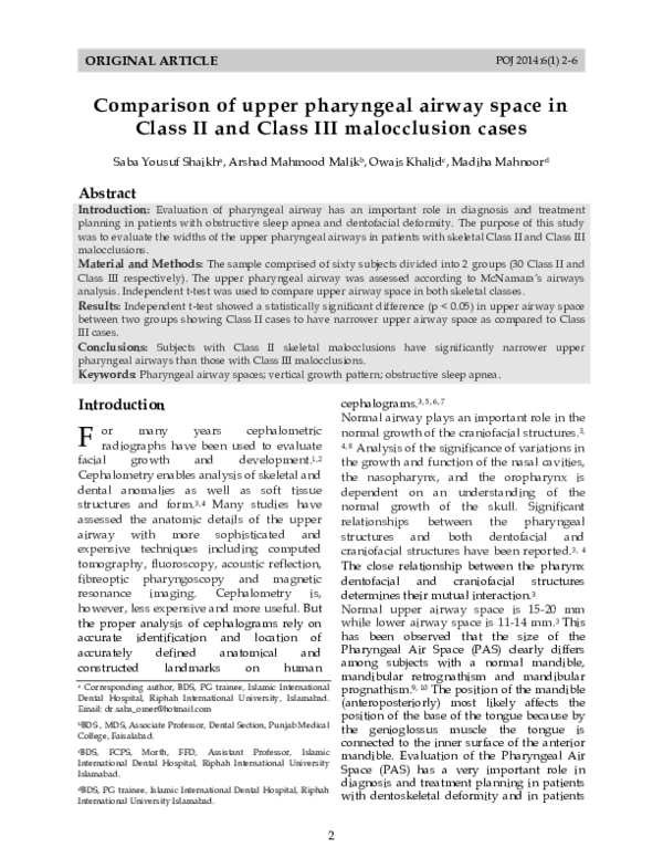(PDF) Comparison of upper pharyngeal airway space in Class II and Class ...