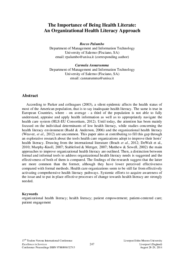 (PDF) The Importance of Being Health Literate: An Organizational Health ...