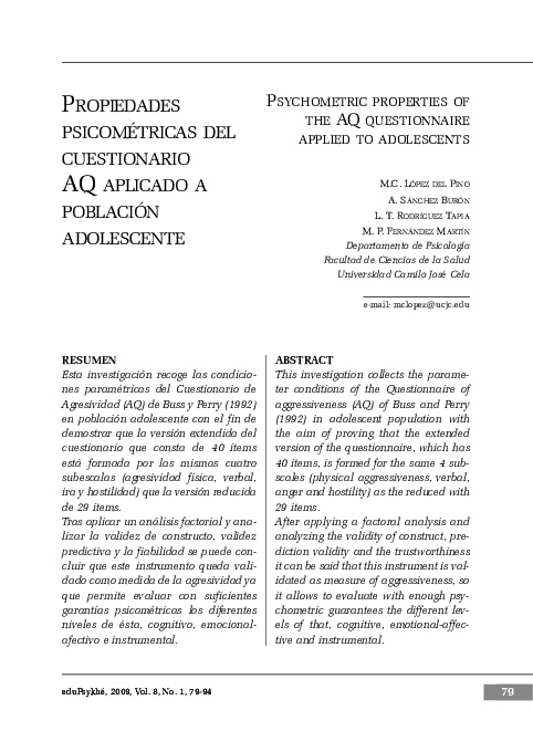 (PDF) PROPIEDADES PSICOMÉTRICAS DEL PSYCHOMETRIC PROPERTIES OF THE AQ ...