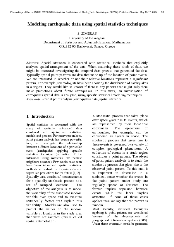 (PDF) Modeling earthquake data using spatial statistics techniques