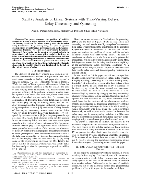 (PDF) Stability analysis of linear systems with time-varying delays ...