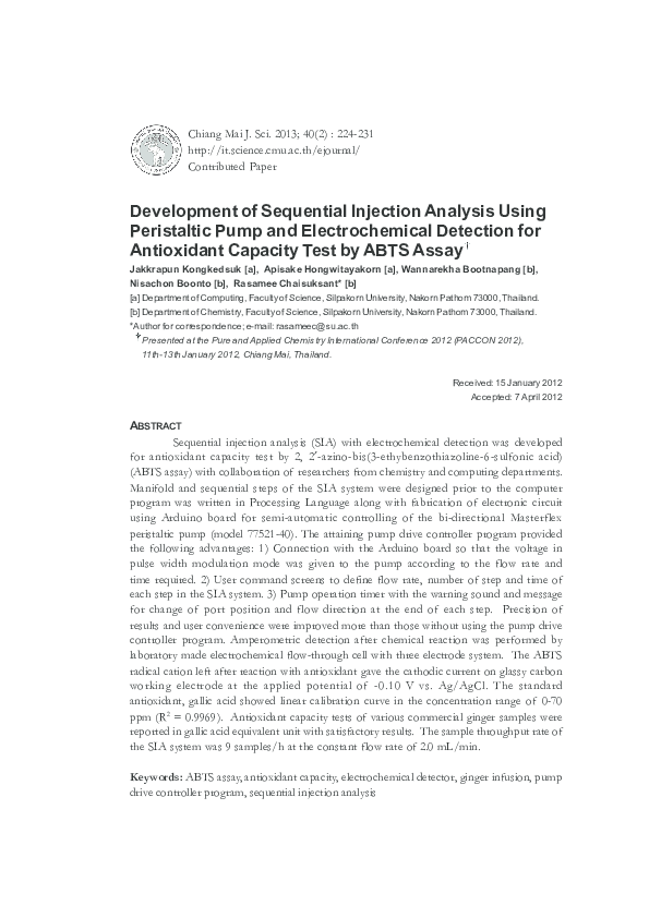 Pdf Development Of Sequential Injection Analysis Using Peristaltic Pump And Electrochemical