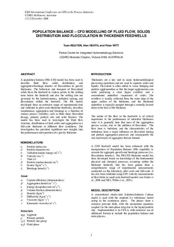 (PDF) POPULATION BALANCE - CFD MODELLING OF FLUID FLOW, SOLIDS DISTRIBUTION AND FLOCCULATION IN ...