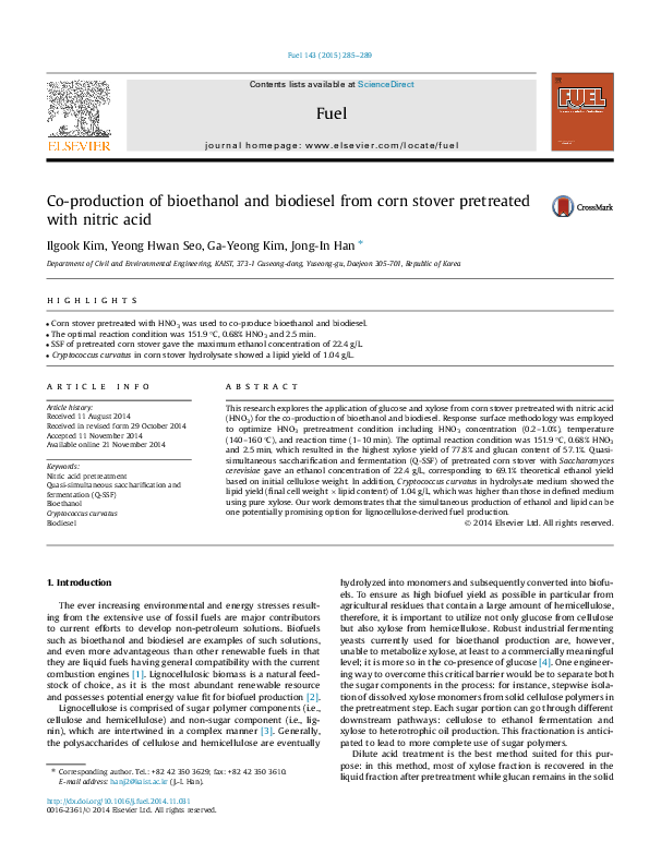 (PDF) Co-production of bioethanol and biodiesel from corn stover pretreated with nitric acid