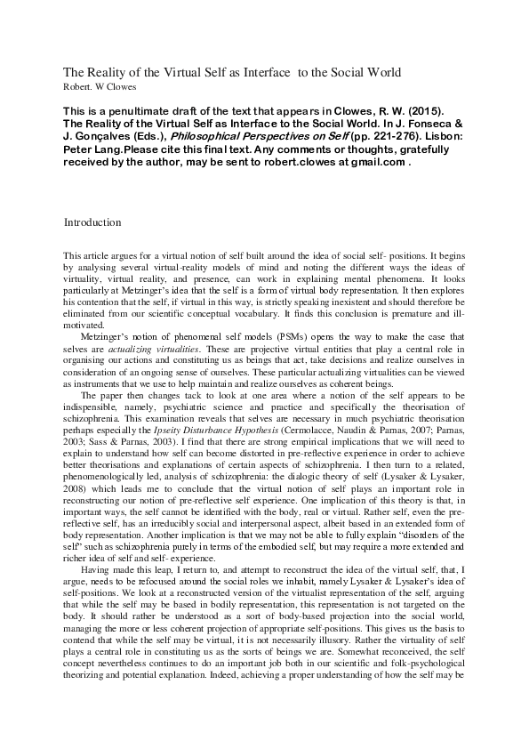 (PDF) The Reality of the Virtual Self as Interface to the Social World