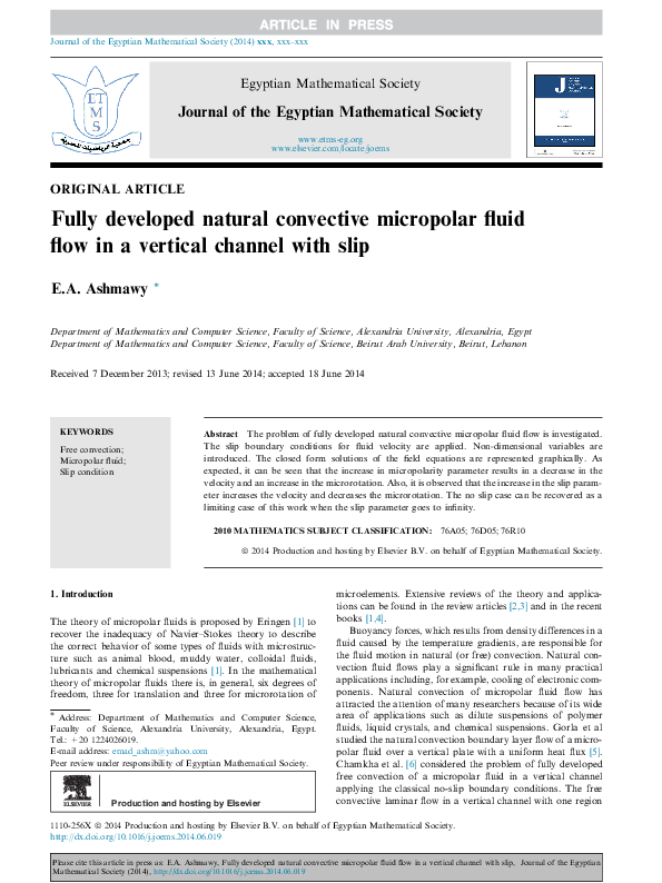 (PDF) Fully developed natural convective micropolar fluid flow in a vertical channel with slip