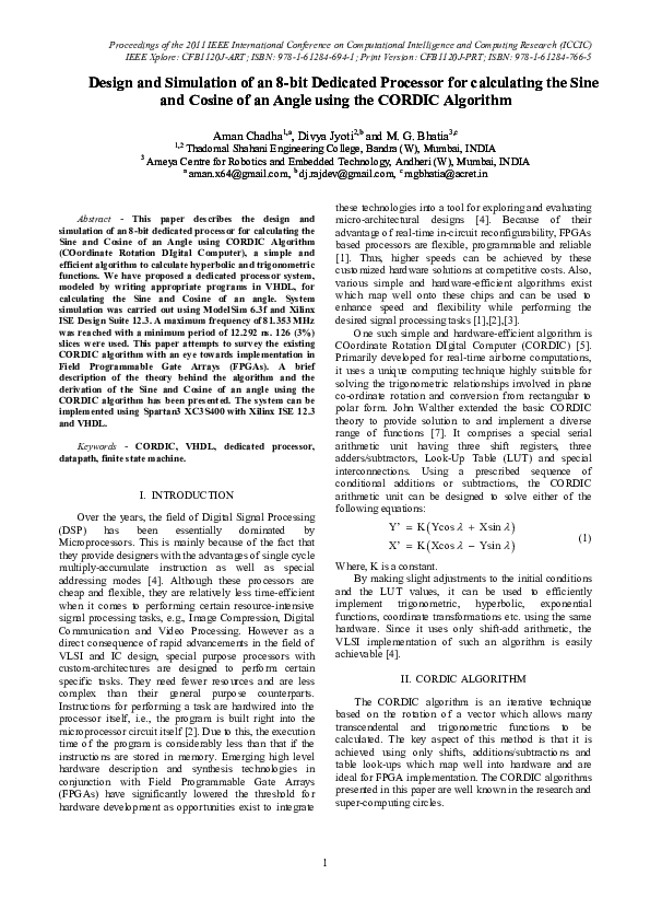 Pdf Design And Simulation Of An 8 Bit Dedicated Processor For Calculating The Sine And Cosine